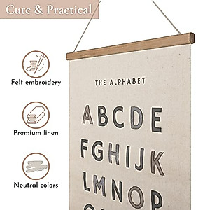 Bon et Beau 16 x 24 Inch Embroidered Alphabet Poster Framed with Wood Hanger - Neutral Gray Wall Decor for Boys Nursery, Bedroom, Playroom, Toddler and Kids Room