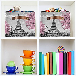 Storage Basket French Paris Eiffel Tower Street Pattern 2 Pc Canvas Large Collapsible Organizer Toy Clothes Storage Bins Boxes Cubes with Handles for Shelf Closet Bedroom Nursery Home Office