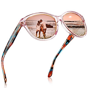 CARFIA Pink Mirrored Cateye Sunglasses for Women Polarized UV Protection, Handcrafted Acetate Frame with Embossed Wire Core