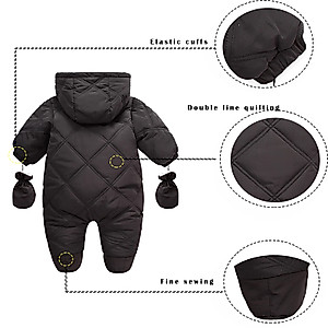 Tengoait Infant Baby Hooded Snowsuit Infant Boys Girls Warm Zipline Winter Jacket Cute One Piece Footie Outwear with Gloves Outfit Black for 12-18 Months (M1)