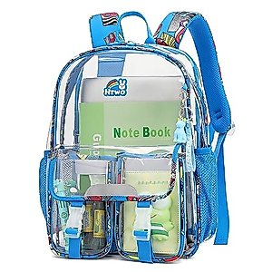 HTWO Clear Backpack, PVC Stadium Approved Backpacks, School Bookbag Suitable for Boys, With Pendant (Dark Blue)