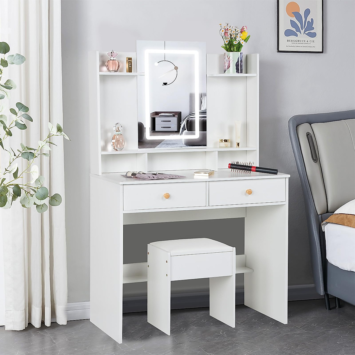 Caulitar Vanity Desk with Mirror and Lights-3 Color and Brightness Adjustable, Vanity Set with Drawers and Chair, White Makeup Vanity Table for Girls