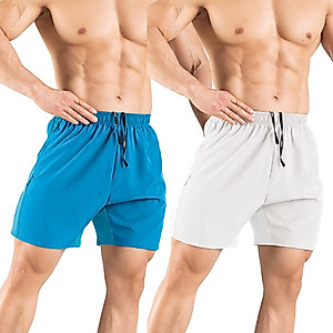 Gaglg Men's 5" Running Shorts 2 Pack Quick Dry Athletic Workout Gym Shorts with Zipper Pockets Light Blue/White,Large
