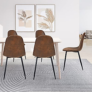 QIAYA Suede Leather Dining Chair Set of 4 with PU Upholstered Cushion, Mid Century Faux Leather Dining Room Chair, Armless Accent Shell Dinner Chair Brown