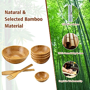 Giantex 8 PCS Bamboo Salad Bowl Set, 2 Serving Utensils, Large 11 Inch, 3 Sizes Mixing Bowls for Vegetable Fruit Soup Cereals Dipping Sauce Nuts, Stackable Dish Dinnerware Natural