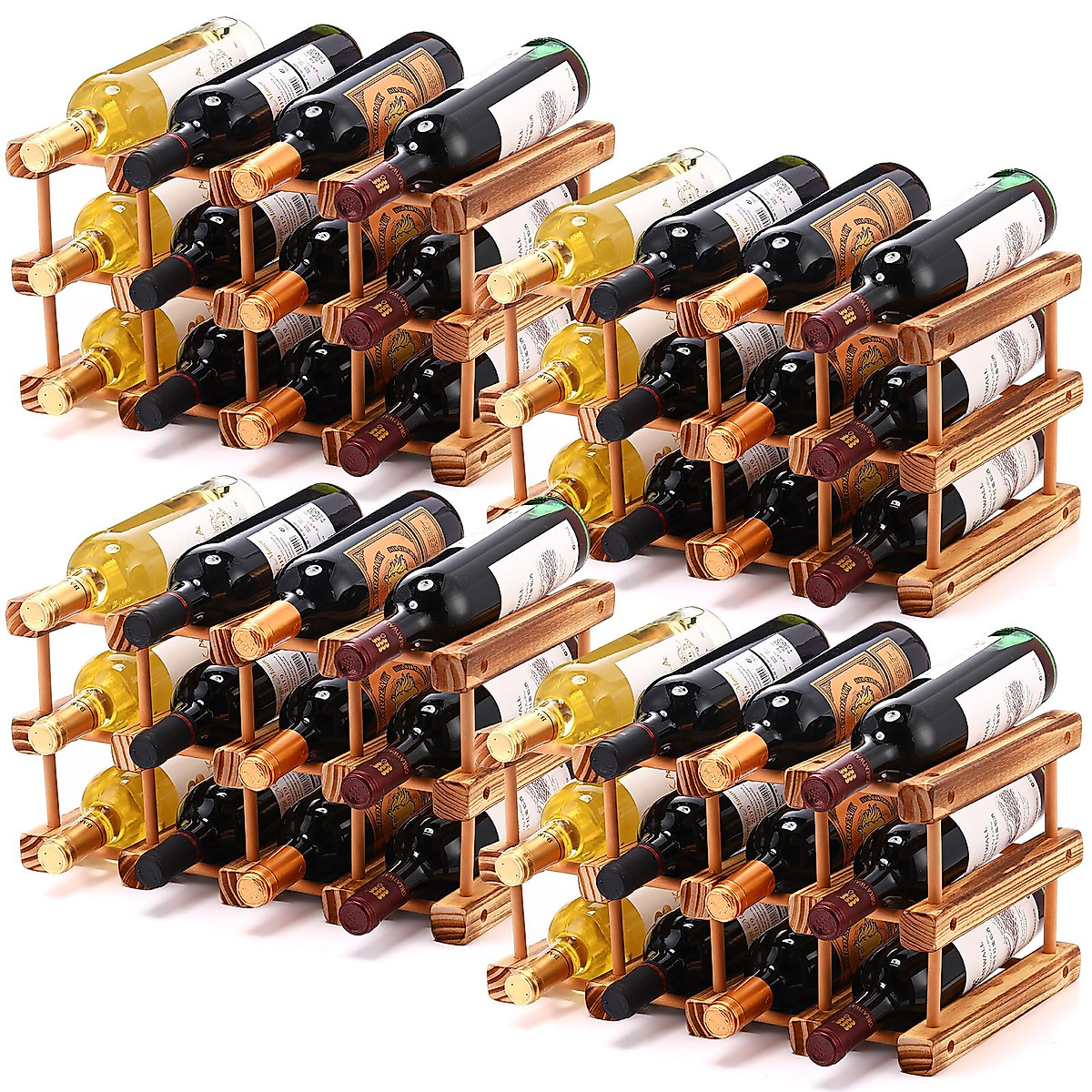 Kigley 4 Packs 48 Bottles Wine Racks Wood Stackable Modular Wine Holder Freestanding Modular Wine Bottle Storage Display Shelf Wood Wine Bottle Holder for Kitchen Bar Pantry Cellar (Brown)