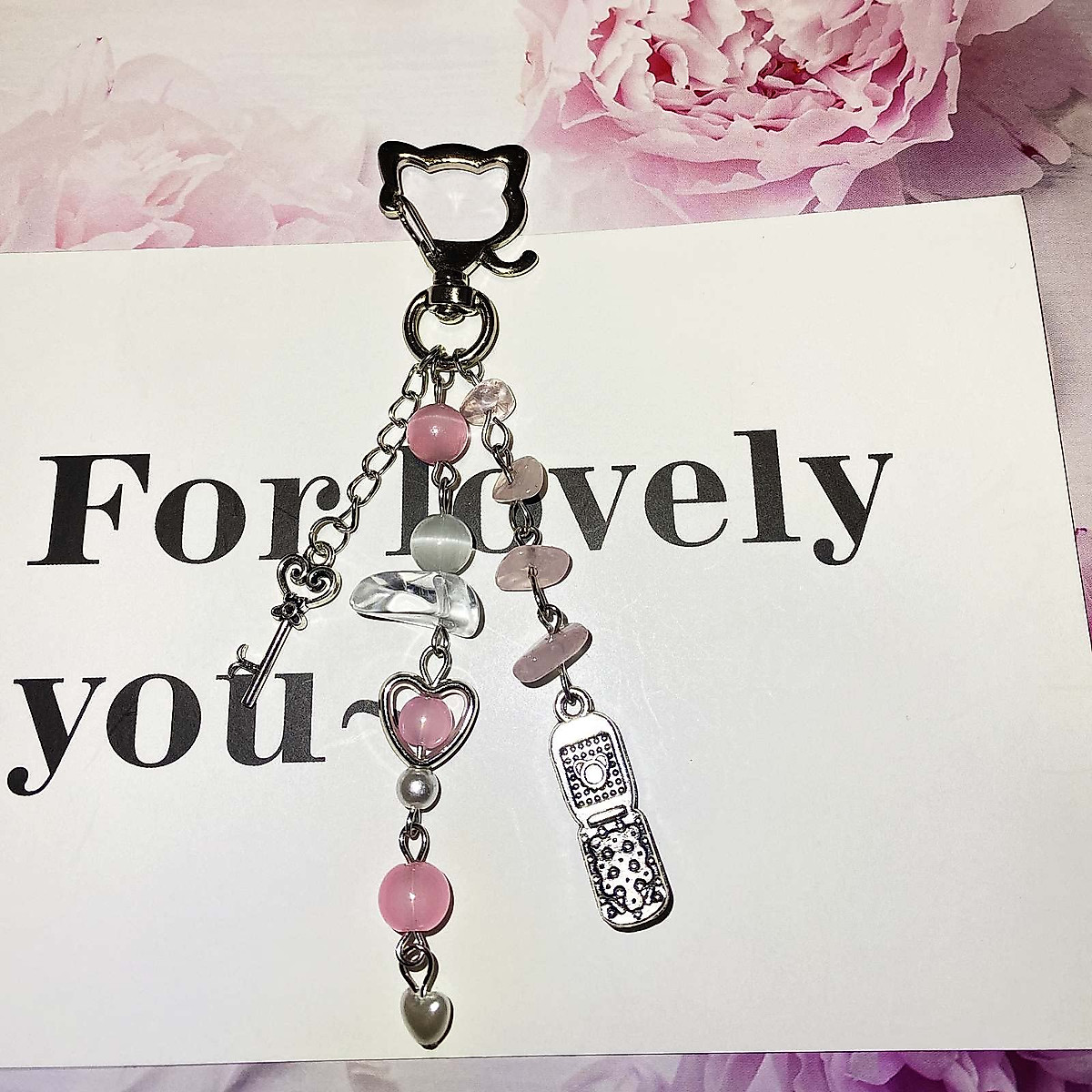 Cute aesthetic Y2k Keychains For Kid Teens Girl Women Beads crystal Heart Kawaii Key Chains (Pink)