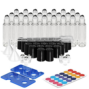 ComSaf Glass Essential Oil Roller Bottles, Set of 24, 10 ML Clear Glass Bottles with Stainless Steel Roller Balls, Leakproof Essential Oil Container Kits with Labels, Dropper, for Facial Body Care
