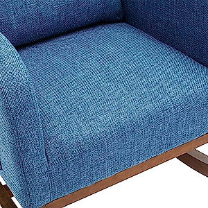 EEBUIHUI Modern Rocking Chair, Upholstered Linen Armchair with Solid Wood Legs Rocker Chair with Thick Padded Seat, Vintage Style Accent Furniture for Living Room, Bedroom, Nursery (Blue)