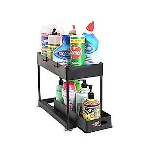 Under Sink Organizer and Storage, Under Sink Storage for Bathroom and Kitchen, Bathroom Cabinet Organizer, Sink Organizers with Hooks, 2 Tier Under Sink Organizer with Sliding Storage Drawer