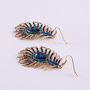 Frogwill Womens Crystal Hook Earrings Sparkling Rhinestone Peacock Feather Dangle Earrings (Blue)