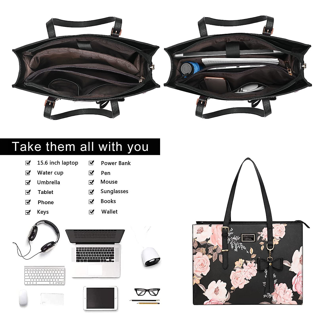 MOSISO Laptop Tote Bag Compatible with MacBook Air 15 inch M2 A2941/Pro 16 M3 M2 M1, 15-15.6 inch Notebook, Peony PU Leather Travel Work Briefcase with Detachable Bowknot & Small Purse, Black