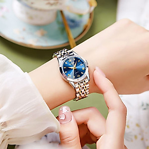 OLEVS Womens Watch Fashion Dress Diamond Female Watches for Ladies Analog Quartz Stainless Steel Waterproof Luminous Day Date Blue Silver Two Tone Wristwatch