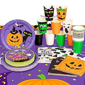 DECORLIFE 131 Pcs Halloween Party Supplies, Dinnerware Set Includes Halloween Plates and Napkins Tablecloth Cups DIY Stickers - Pumpkin Ghost Halloween Birthday Party Decorations for Kids, Serve 24