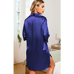 Samring Silk Satin Nightgowns For Women Button Down Pajamas Dress 3/4 Sleeve Sleepwear Navy Blue L