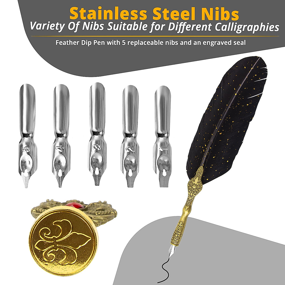 Calligraphy Pen Set, Feather Pen, Calligraphy Pen Set, Quill And Ink Set, Calligraphy Set For Beginners, Feather Pen And Ink Set, Quill Pen And Ink Set, Wax Stamp Set With Golden Black Feather Pen