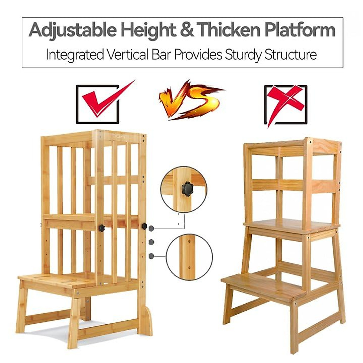 DORPU Toddler Tower, Adjustable Height Toddler Step Stool with CPC Certification, Safety Rail & Anti-tip Feet & Non-Slip Tapes Vertical Guardrail Toddler Stool for Kitchen, Natural Bamboo