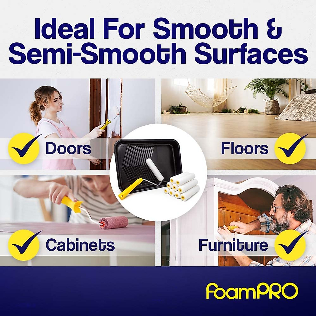 Foampro 6” Fine Finish Paint Roller Kit | 1 Plastic Paint Tray, 1 Roller Handle, 10 Foam Rollers | Foam Roller Kit w/Roller Pan | Home Painting Supplies & Paint Tools, Multicolor, 175 (175KIT)