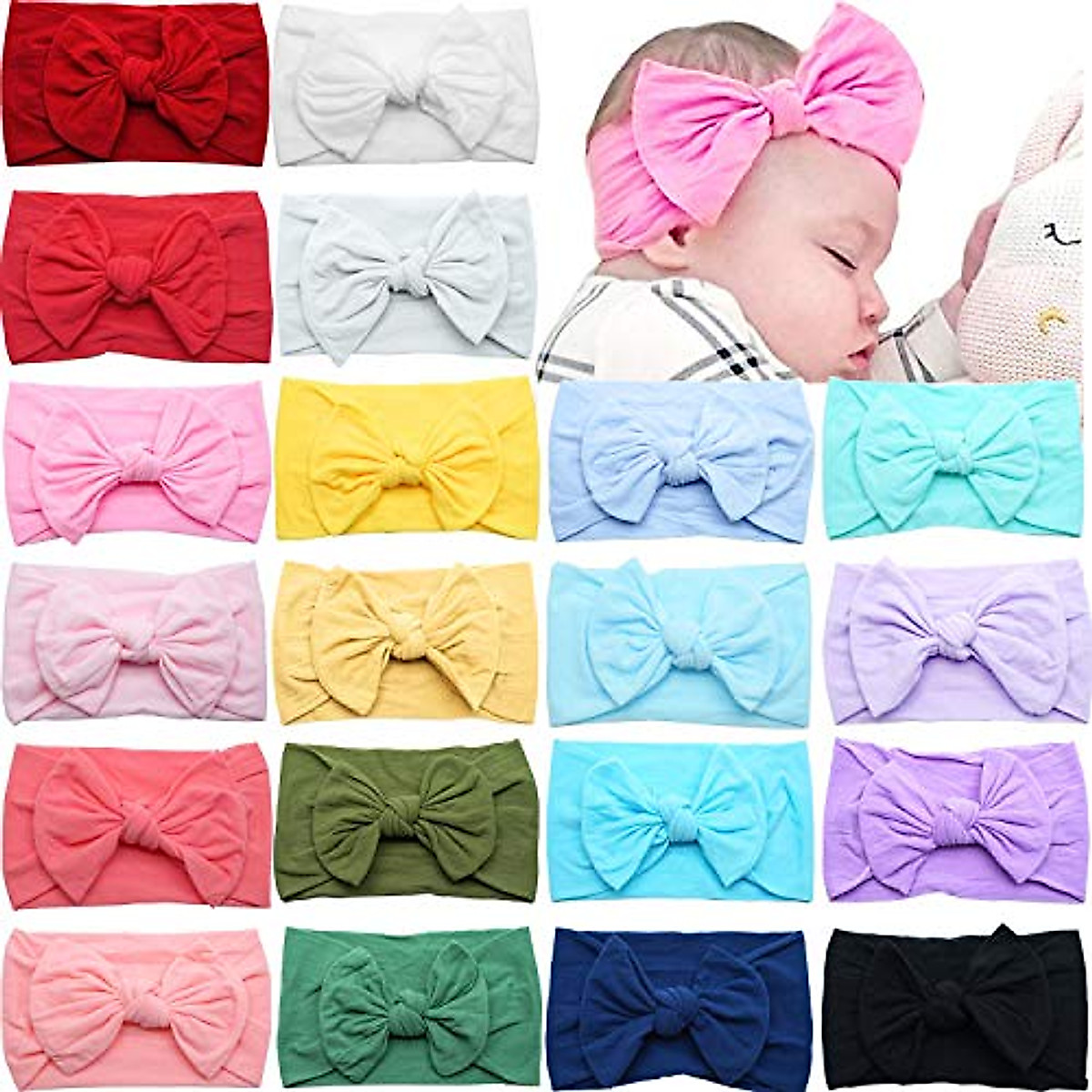 20 Colors Super Stretchy Soft Knot Baby Girl Headbands with Hair Bows Nylon Head Wrap For Newborn Baby Girls Infants Toddlers Kids