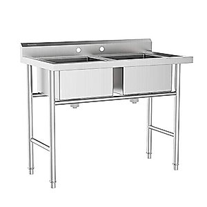 Bonnlo Commercial 304 Stainless Steel Sink 2 Compartment Free Standing Utility Sink for Garage, Restaurant, Kitchen, Laundry Room, Outdoor, 35.8" W x 21.3" D x 40" H