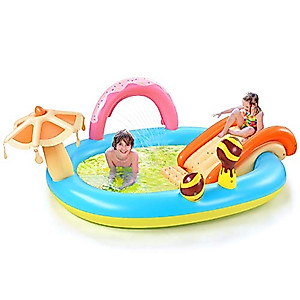 Inflatable Play Center, Hesung 98'' x 67'' x 32'' Kiddie Pool, Summer Inflatable Pool with Slide for Garden, Backyard Water Park, Fountain Arch, Extra Thick, Easy Set up for Ages 2+ Toddlers