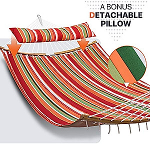 EAGLE PEAK 11 FT Double Hammock Quilted Fabric Hammock with Bamboo Wood Spreader Bars & Detachable Pillow, 2 Person Portable Hammock for Outdoor Patio Yard, 440 Pound Capacity, Red Stripe