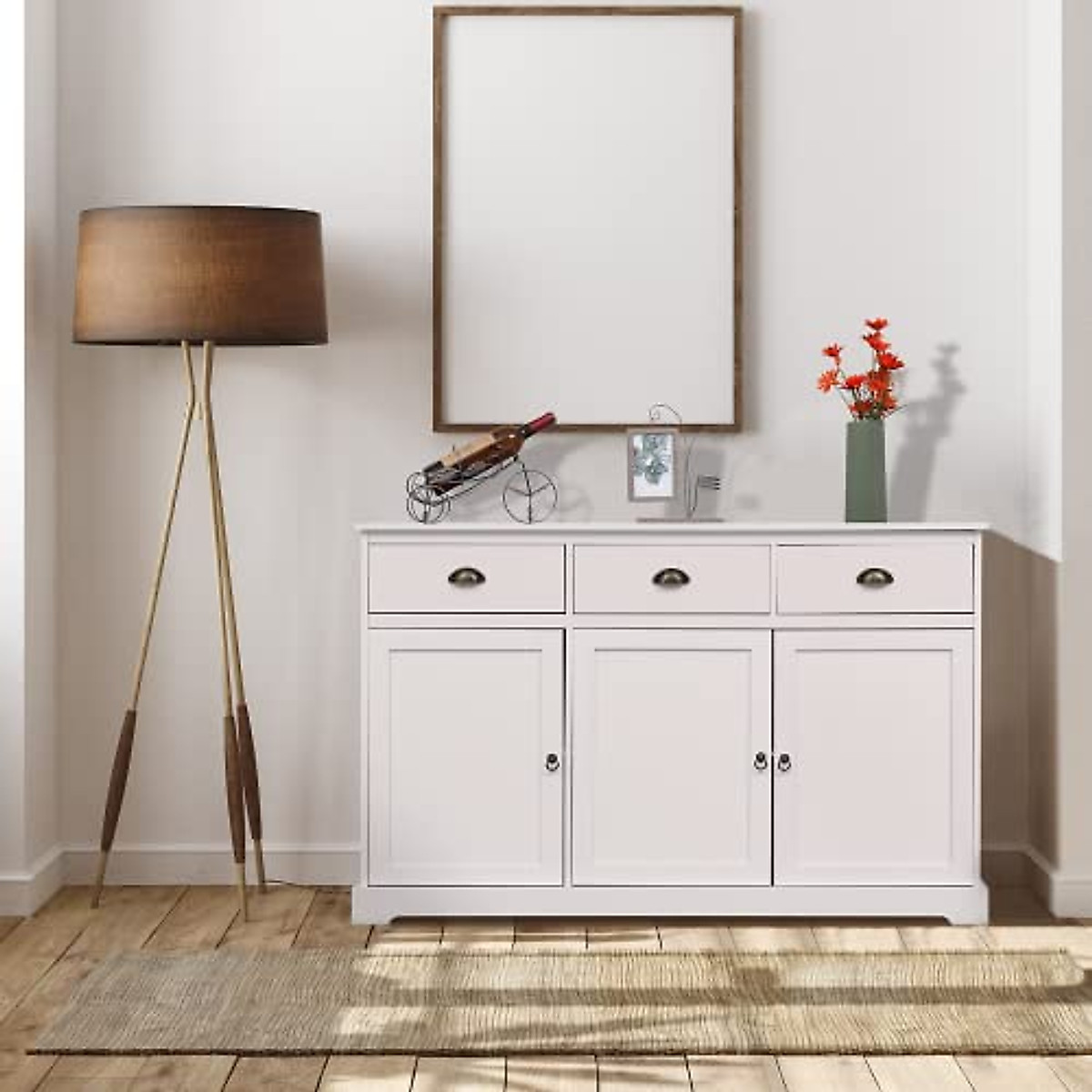 EROMMY White Buffet Cabinet with Storage, Kitchen Sideboard with 3 Doors & 3 Drawers, Farmhouse Buffet Server Bar Cabinet Console Table for Dining Living Room, White