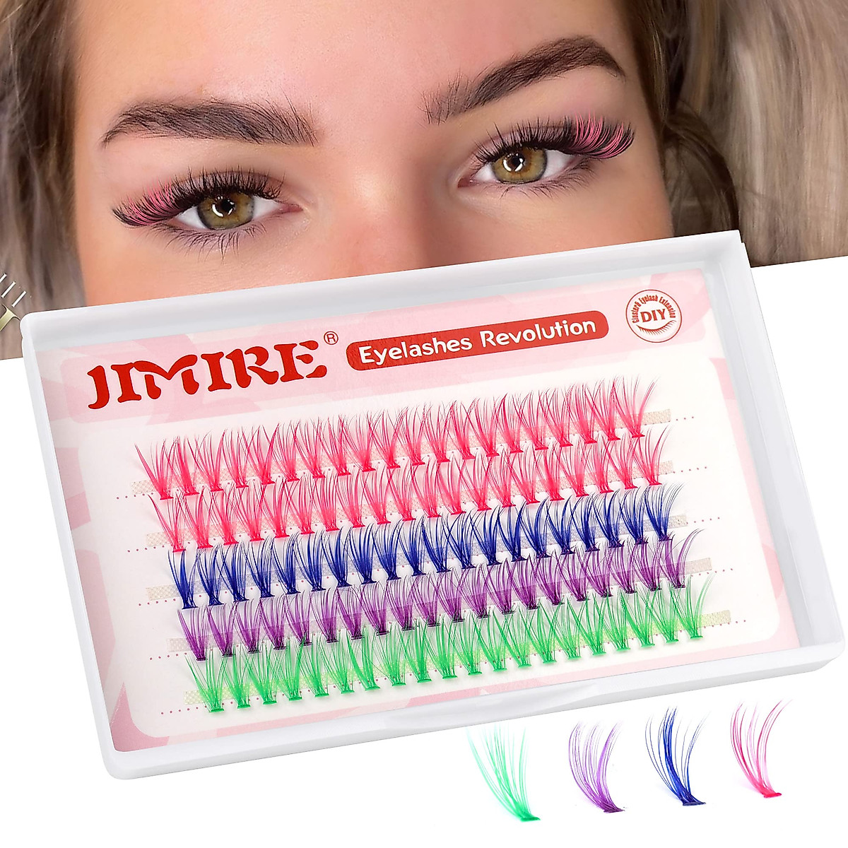 Colored Lash Clusters Individual Eyelashes 100Pcs DIY Eyelash Extensions 4 Colors Pink Lashes 14mm 3D Effect Individual Eyelashes Clusters Natural Look CC Curl Wispy Extension Reusable Pack by JIMIRE
