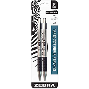 Zebra Pen F-301 Retractable Ballpoint Pen, Stainless Steel Barrel, Fine Point, 0.7mm, Black Ink, 2-Pack
