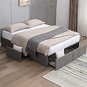 Mixoy Platform Bed Frame with 4 Large Storage Drawers, Cal King Bed Frame with Storage, Metal Slats Support, No Box Spring Needed, Easy Assembly (Cal King, Dark Grey)