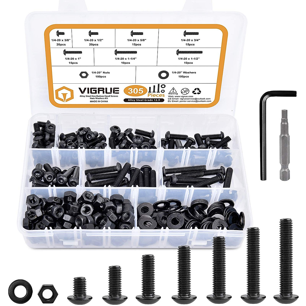 VIGRUE 305Pcs 1/4-20 Bolt and Nut Assortment Kit, 1/4-20 Black Button Head Socket Cap Screw Nuts Washers Kit, Assorted Allen Head Screws, Class 12.9 Alloy Steel