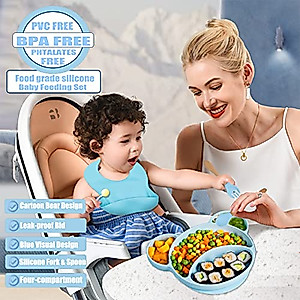 xuan dian Silicone Baby Feeding Set, Silicone Suction Plate Shape Self Feeding Adjustable Bib，Suction Plate for Baby Toddler with Spoon Fork Adjustable Bib Set-Blue