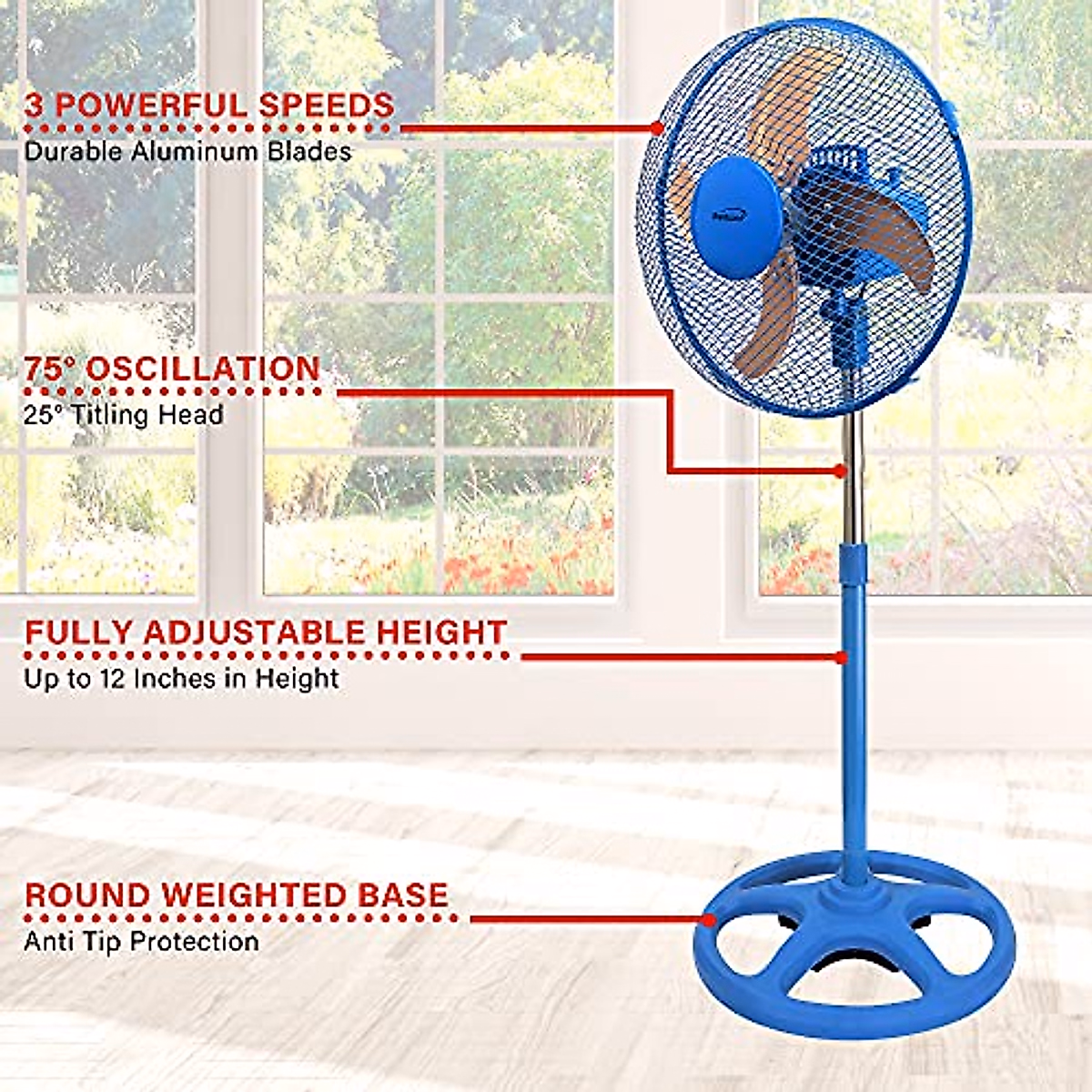 Brentwood Whisper Quiet 3-Speed 12-Inch Oscillating Pedestal Stand Fan (blue)