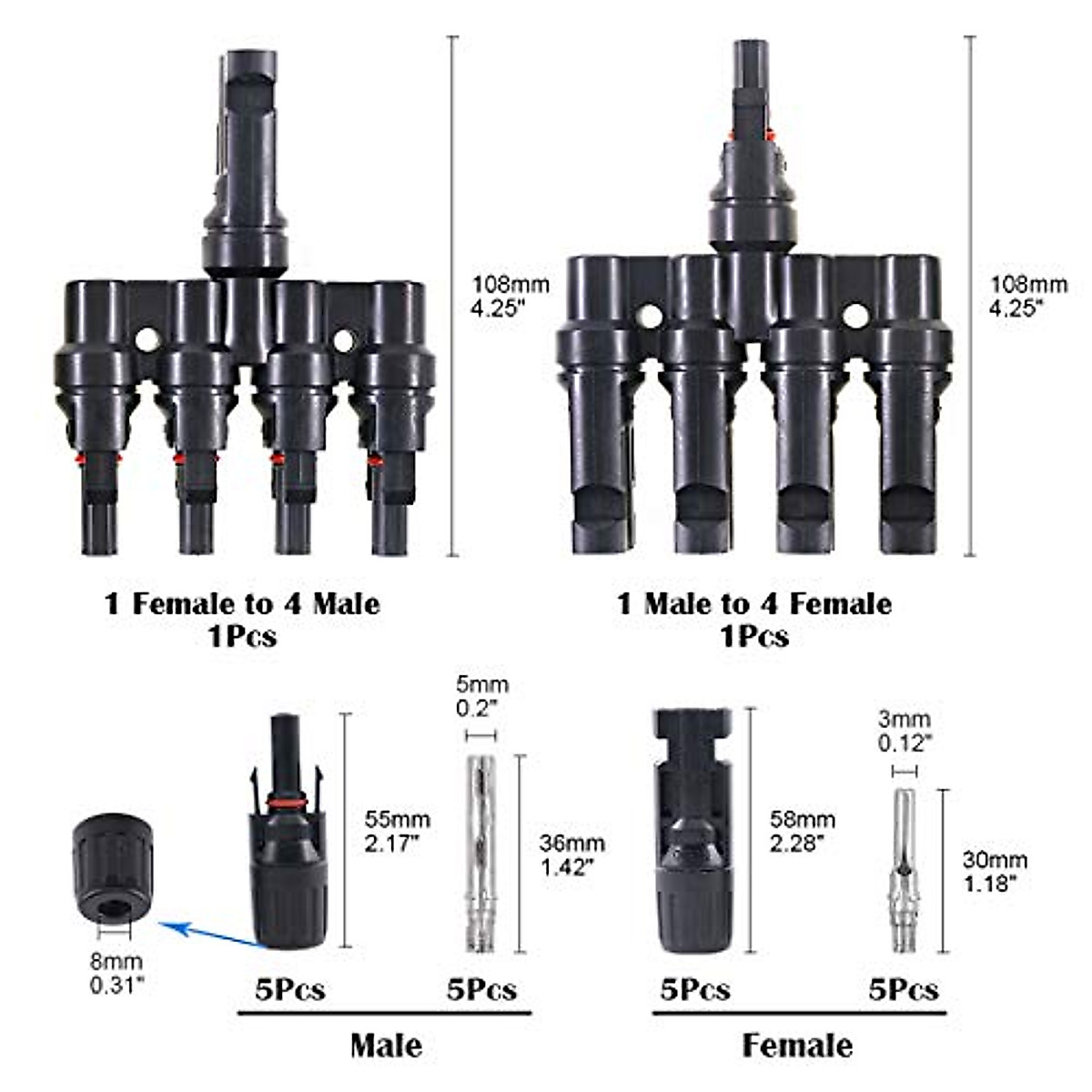 Glarks Solar Panel Connectors 1 Male to 4 Female and 1 Female to 4 Male T Branch Connectors Cable Coupler Combiner and 5 Pair Male/Female Solar Panel Cable Connectors Set (M/4F and F/4M)