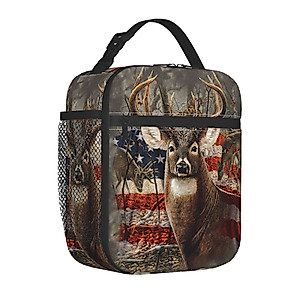 HIONHSW Retro Deer American Flag Lunch Box Insulated Lunch Bags Zipper Lunch Bag Cooler Tote Bag for Teens Girls Boys Men Women Office Picnic