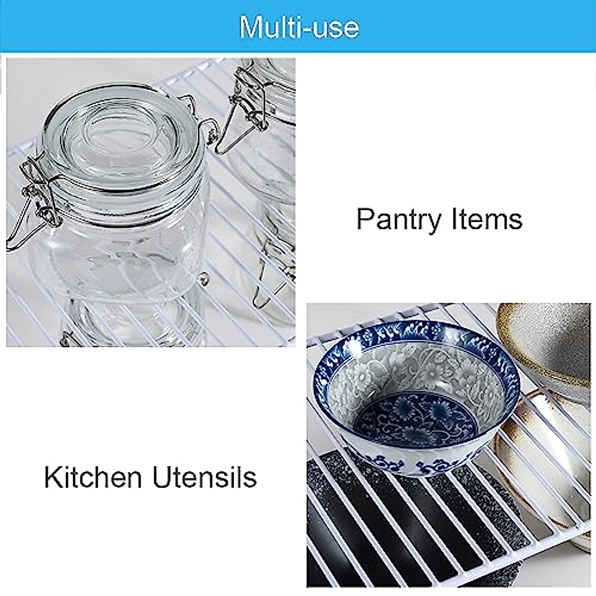 iPEGTOP Set of 4 Large (15.7 x 9.4 Inch) Kitchen Cupboard Organiser, Freezer Cabinet Storage Shelf Wire Rack, Rustproof Steel Shelves for Fridge Pantries Countertops Utensils -White