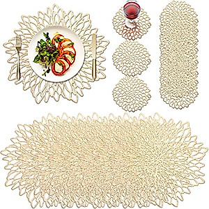 CHENGU 24 Pcs Round Pressed Vinyl Placemats Metallic Place Mat Coaster Set Including Placemats and Coasters Non Slip Heat Resistant Washable Table Mats for Dining Table Kitchen Decoration (Gold)