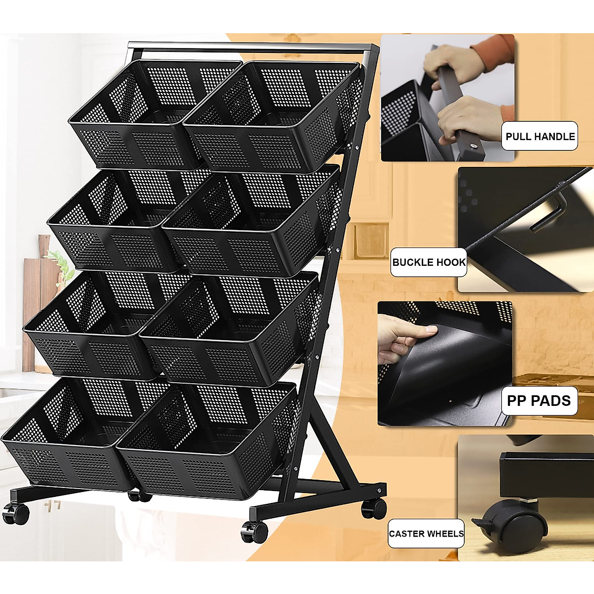 asunflower Kitchen Baskets Storage Cart 4 Tier Rolling Cart with Wheels Metal Fruit Baskets Rack Utility Organzier Cart with Push Handle Wire Fruit Vegetable Stand, Black