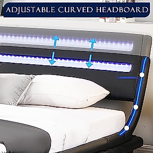 HAUSHECK King Size Upholstered Platform Bed, LED Bed Frame with Lights Headboard, Modern Faux Leather Bedframe No Spring Box Needed for Kids, Teen & Adults, King Beds with Strong Wood Slats Support