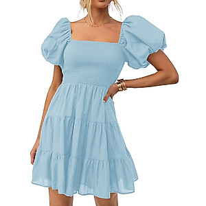 ZESICA Women's Boho 2025 Summer Square Neck Puff Sleeve Off Shoulder Smocked Tiered Casual A Line Short Mini Dress,LightBlue,XX-Large