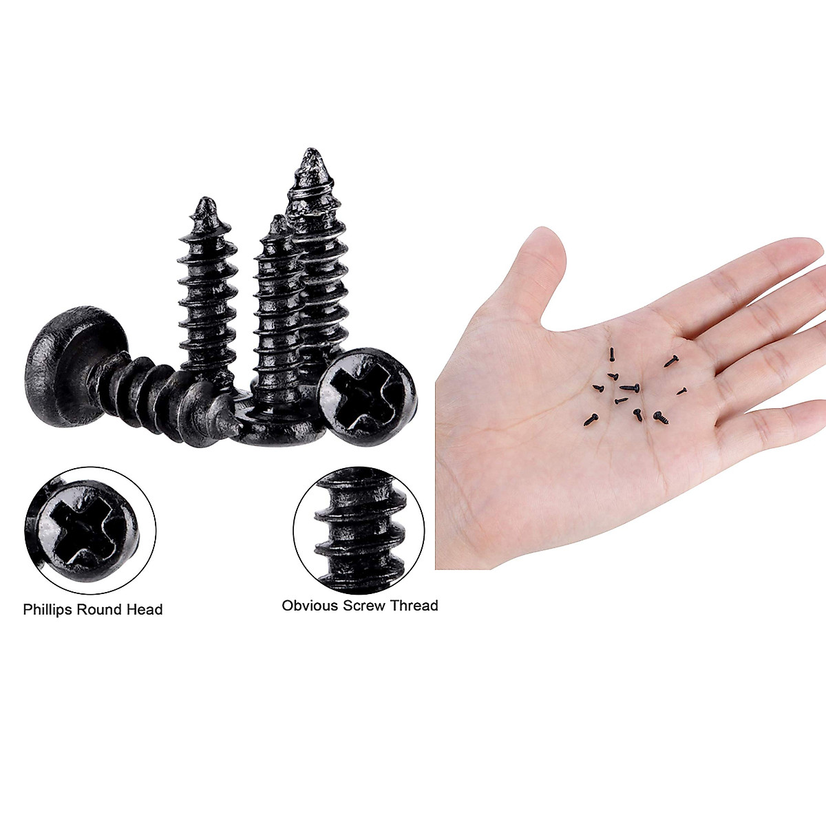 LBY 1000pcs M1.4 M1.7 M2 M2.3 Round Pan Head Self-Tapping Sheetmetal Screw Assortment Kit Round Head Self-Tapping Electronic Mini Wood Screws 10 Sizes Combination Metal Black