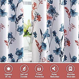 H.VERSAILTEX 100% Blackout Curtains 63 inch Length 2 Panels Set Cattleya Floral Printed Drapes Leah Floral Thermal Curtains for Bedroom with Black Liner Sound Proof Curtains, Stone Blue and Coral