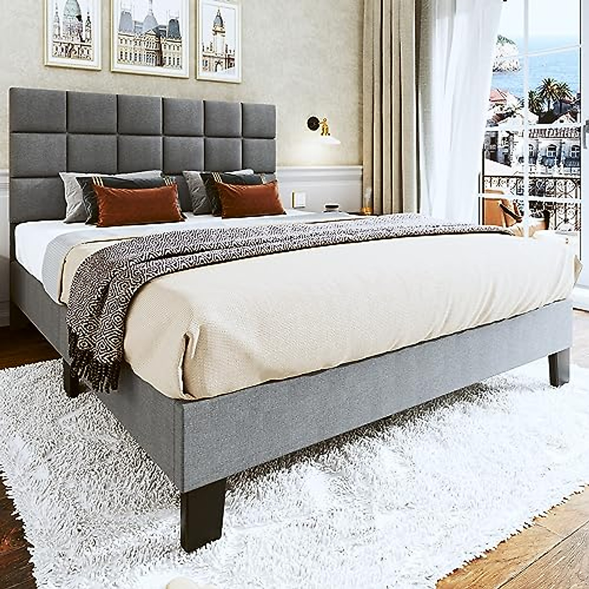 Fluest Queen Bed Frame Upholstered Bed Frame Platform with Adjustable Headboard Linen Fabric Tufted Headboard Wooden Slats Support, No Box Spring Needed, Easy Assembly, Mattress Foundation, Light Grey