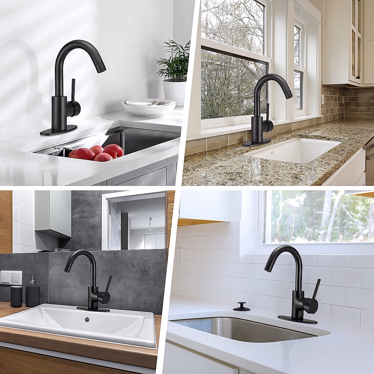 PHICHI Matte Black Bar Sink Faucet, Single Handle 1 Or 3 Hole Stainless Steel Gooseneck Faucets for Bathroom Outdoor with Hot & Cold Water Supply Lines