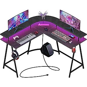 SUPERJARE L Shaped Gaming Desk with Power Outlets & LED Lights, Carbon Fiber Surface, Computer Desk with Monitor Stand, Home Office Desk Corner Desk with Cup Holder & Hooks, Black