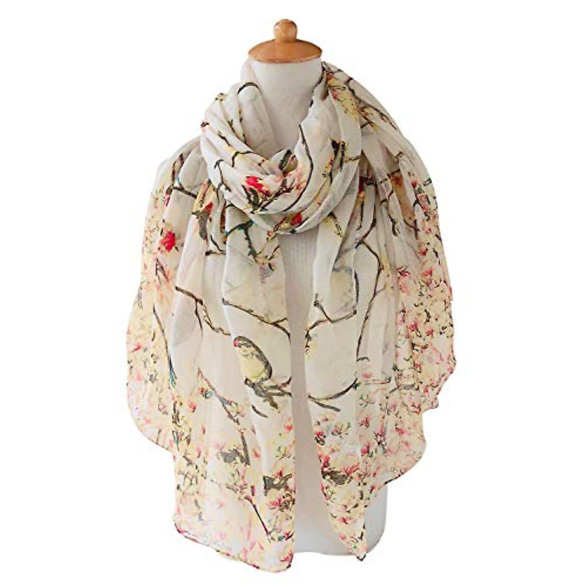GERINLY Lightweight Scarves and Wraps Birds Florals Scarf for Women Christmas Gift Cardinal Accessories (Beige)