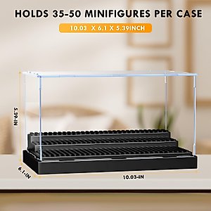 KKU Display Case for Minifigure Action Figures Blocks, Acrylic Minifigure Display Case Box Storage with 3 Movable Steps Gift for Kids Adults (Black, 1 Pack)