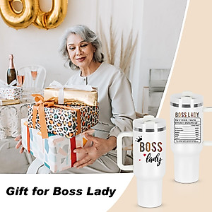 Boss Day Gift for Boss Lady, Boss Lady Nutrition Fact Gift for Boss Lady Manager Coworker Employer, 40 oz Boss Lady Tumbler with Handle, White