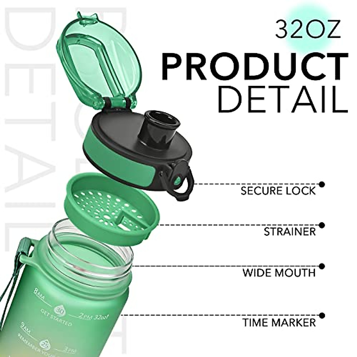 GOSWAG 32oz Motivational Water Bottles with Time Marker and Fruit Strainer, Sports Water Bottle with Times to Drink, Leakproof, Reusable Plastic Bottle with Strap no Straw for Gym, School