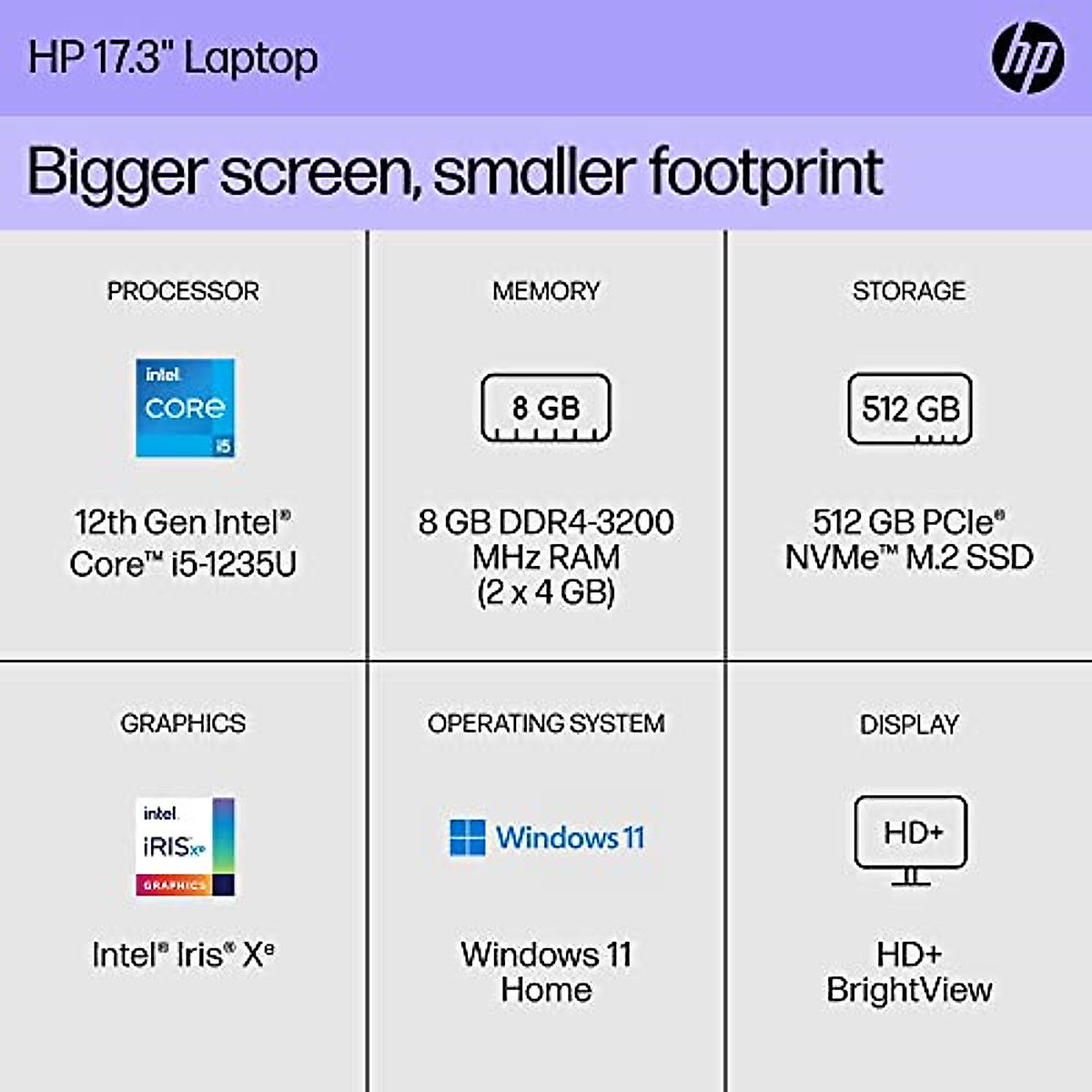 HP 17 inch Laptop, HD+ Display, 12th Generation Intel Core i5-1235U, 8 GB RAM, 512 GB SSD, Intel Iris Xe Graphics, Windows 11 Home, 17-cn2099nr (2023)